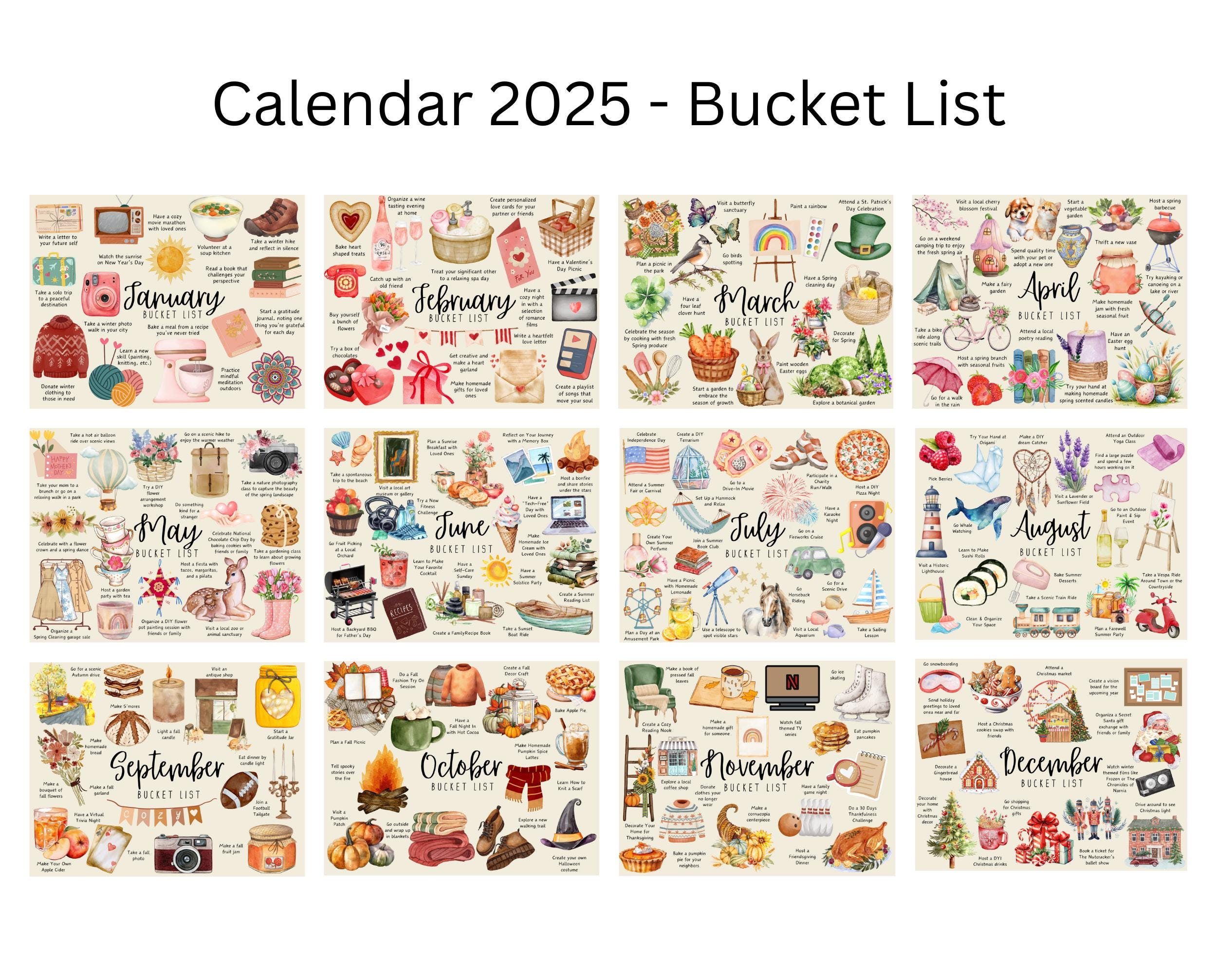2025 Bucket List Calendar, 2025 Wall Calendar, 2025 Art Calendar ...
