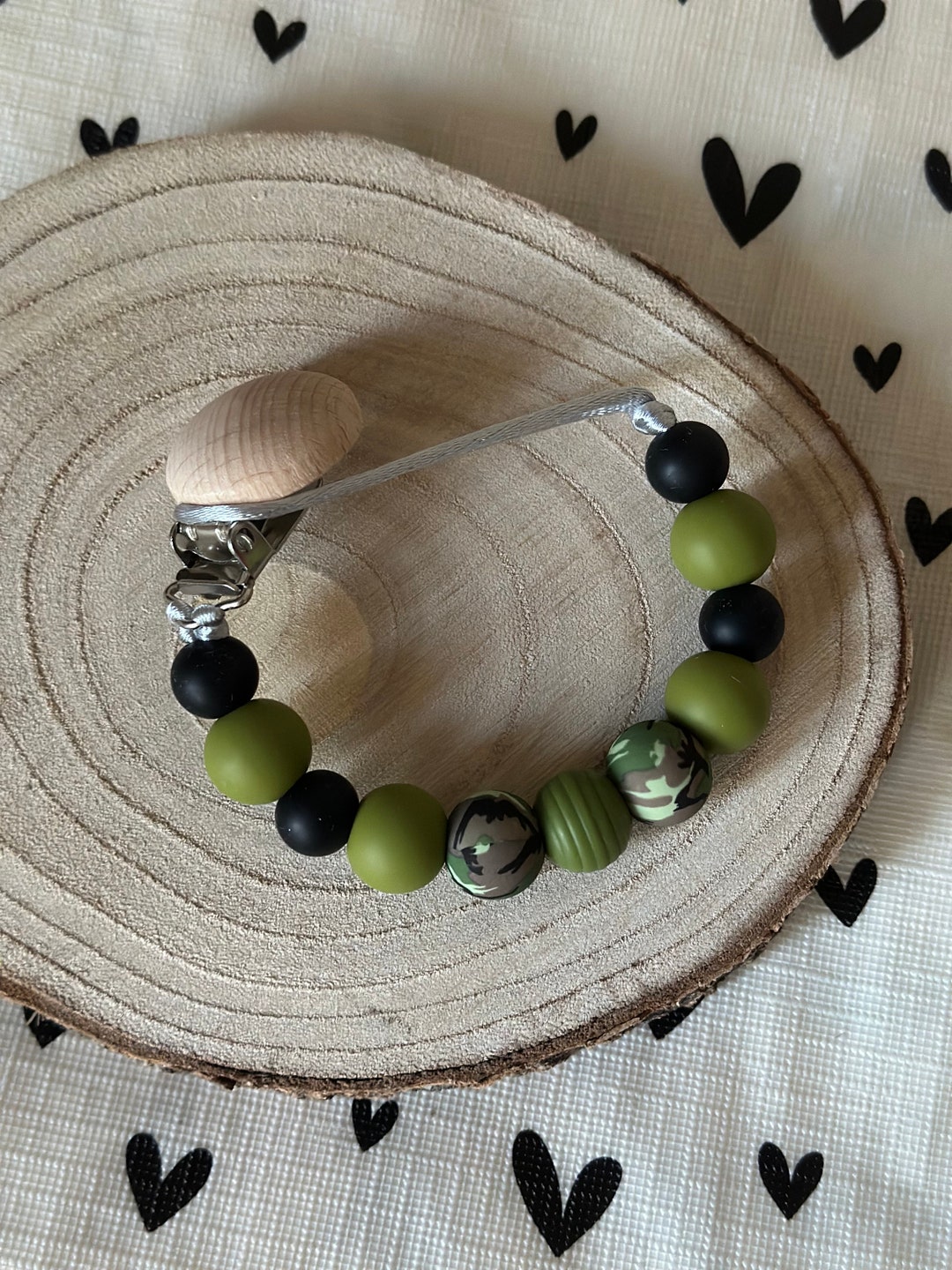 Handmade Dummy Clip, Green & Black Camouflage BPA Free Silicone Beads ...