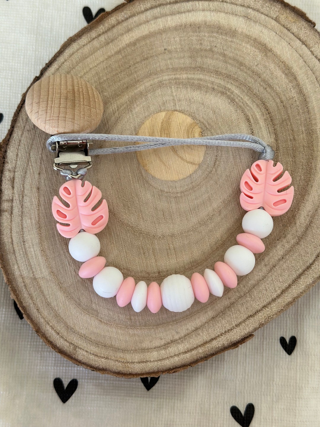 Handmade Dummy Clip With Optional Mam Adapter, Pink & White Leaf BPA ...