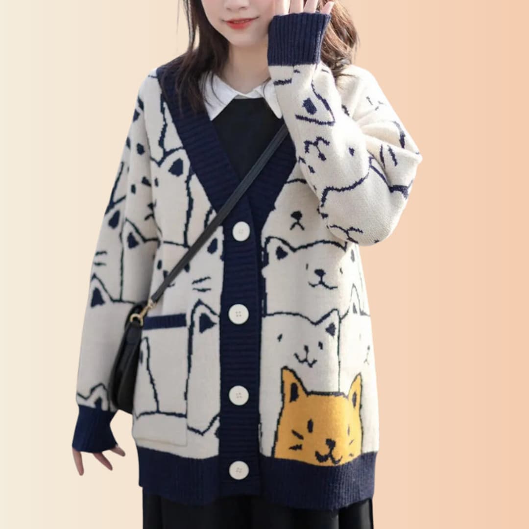 Cartoon Cat Pattern Cardigan, Knitted Cardigan, Winter Korean Fashion ...