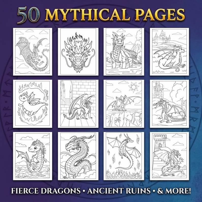 Dragon Coloring Book Printable, 50 Fantasy Mythical Creature Pages, PDF ...