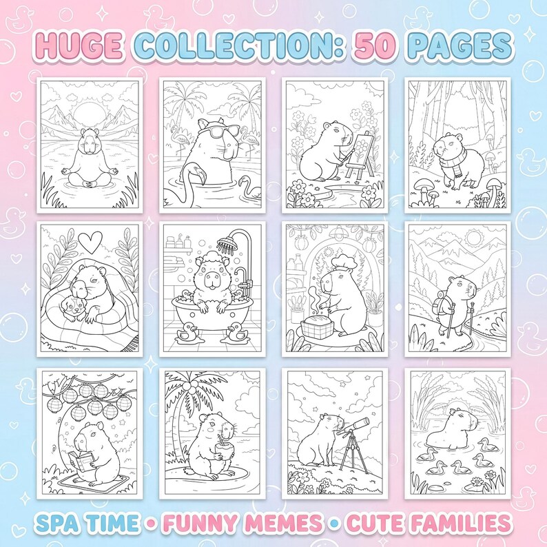 Capybara Coloring Book, 50 Kawaii Animal Pages (PDF Download) - Etsy Canada