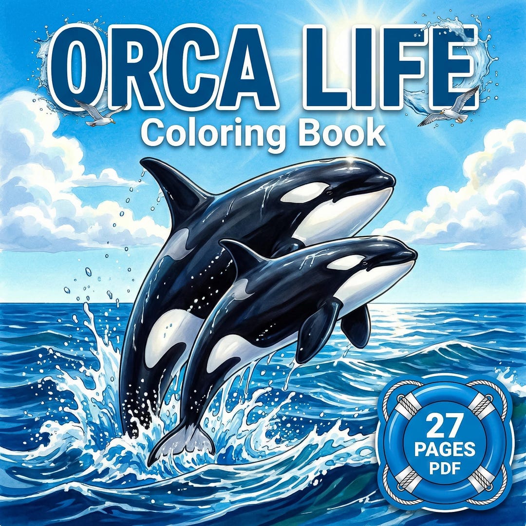 Orca Coloring Book, 27 Killer Whale Pages, Ocean Animal Art, Sea Life ...
