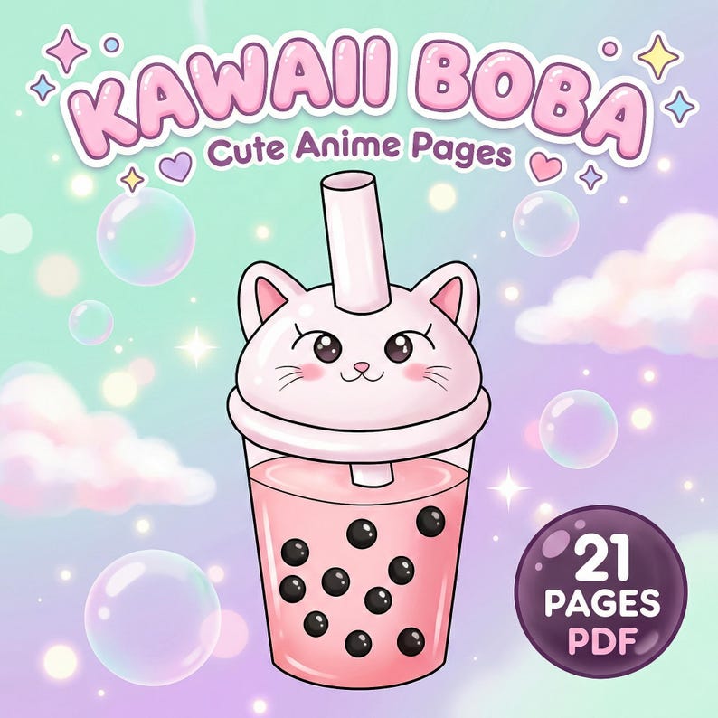21 Kawaii Boba Tea Coloring Pages | Cute Anime Bubble Tea & Animals ...