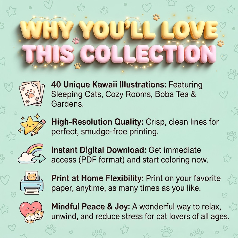 Kawaii Cat Coloring Pages Printable, 40 Cozy Kitten Scenes, PDF Instant ...
