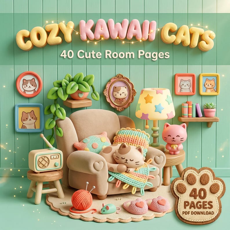 Kawaii Cat Coloring Pages Printable, 40 Cozy Kitten Scenes, PDF Instant ...