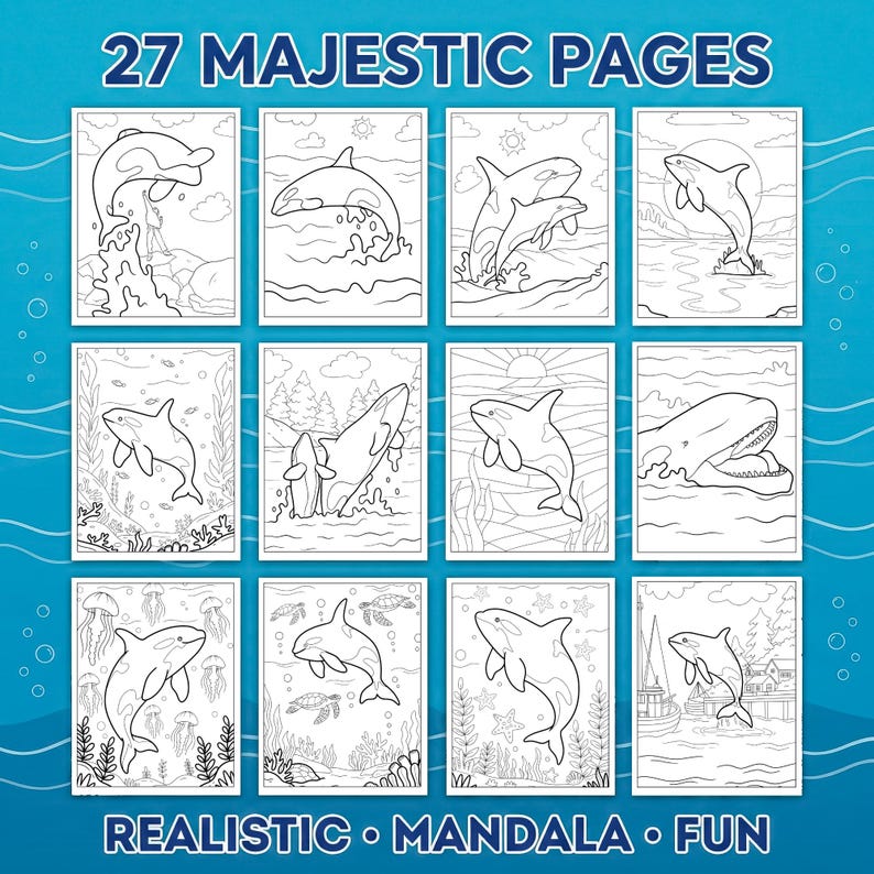 Orca Coloring Book, 27 Killer Whale Pages, Ocean Animal Art, Sea Life ...