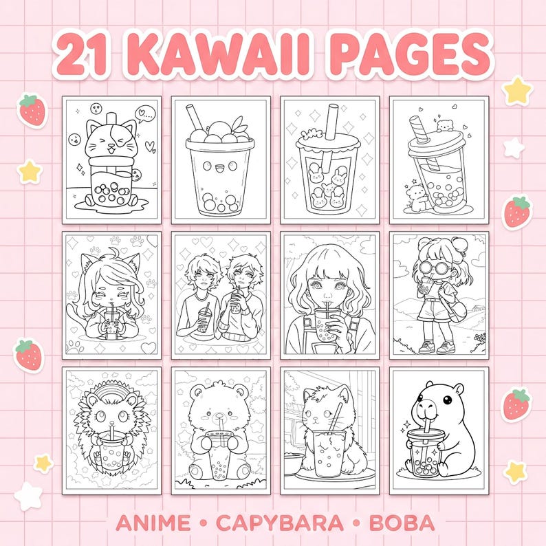 21 Kawaii Boba Tea Coloring Pages | Cute Anime Bubble Tea & Animals ...