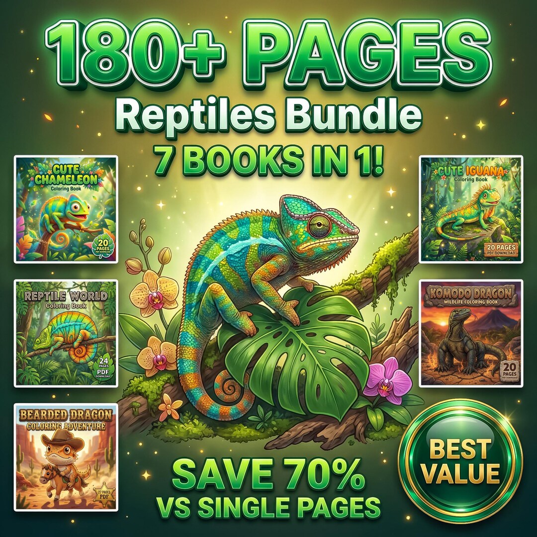 Reptile Coloring Book Bundle – 180+ Pages Exotic Animals (digital ...