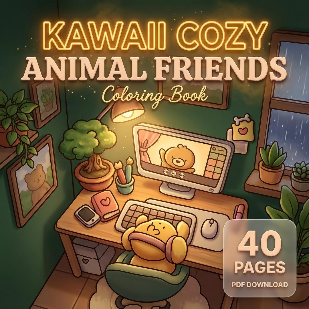 Kawaii Cozy Animal Friends Coloring Book, Isometric Rooms, 40 Pages ...