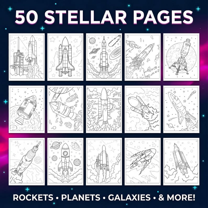 Space Rocket Coloring Book Printable, 50 Spaceship Galaxy Pages, PDF ...