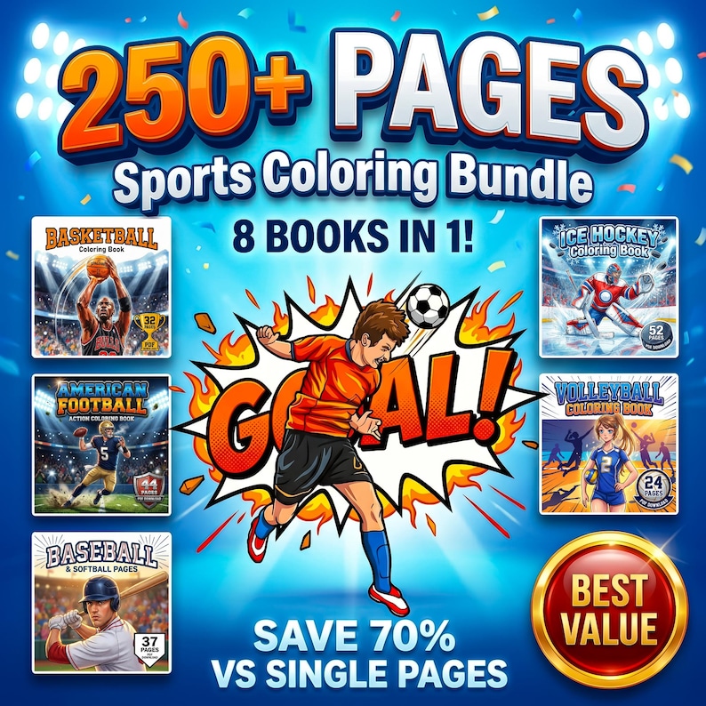 Sports Coloring Book Bundle – 250+ Pages, 8 Books (PDF Download) - Etsy