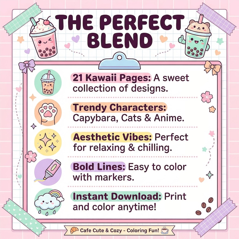 21 Kawaii Boba Tea Coloring Pages | Cute Anime Bubble Tea & Animals ...