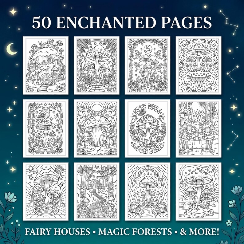 Mystical Mushroom Coloring Pages Printable, 50 Cottagecore Forest Pages ...