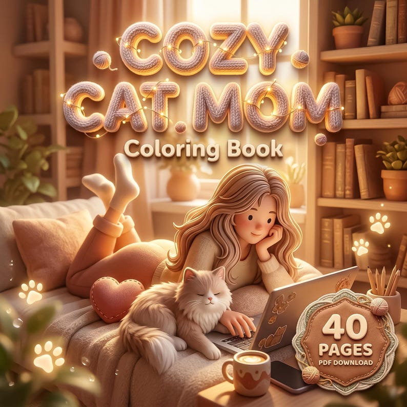 Cozy Cat Mom Coloring Book Printable, 40 Girls and Cats Pages, PDF ...