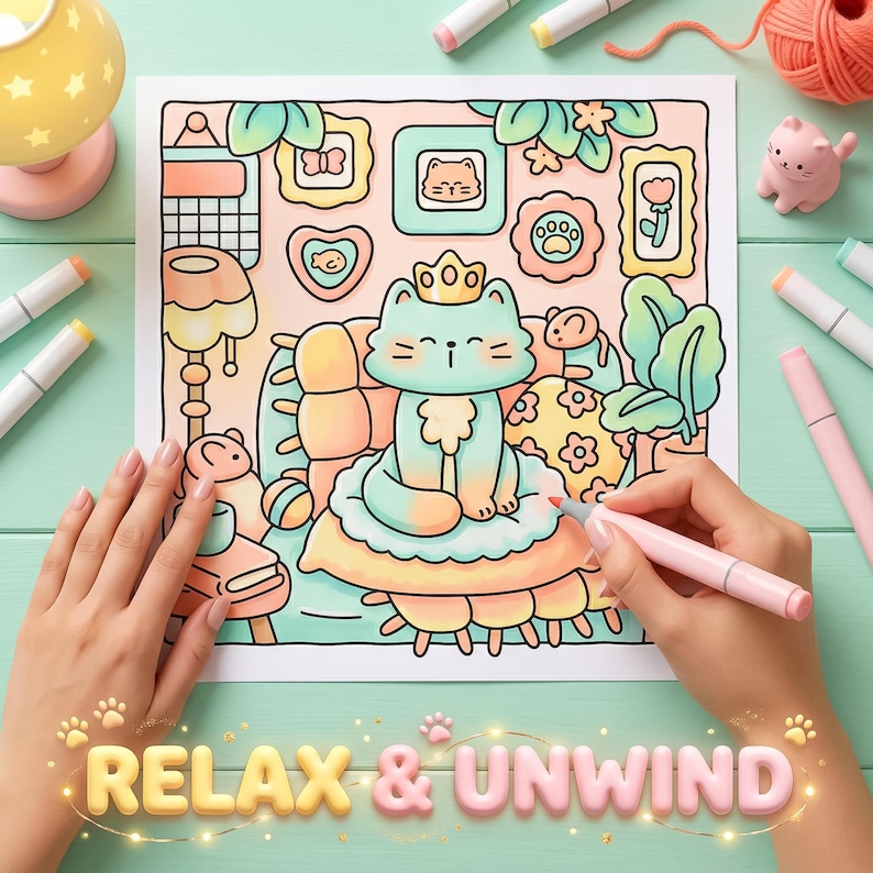 Kawaii Cat Coloring Pages Printable, 40 Cozy Kitten Scenes, PDF Instant ...