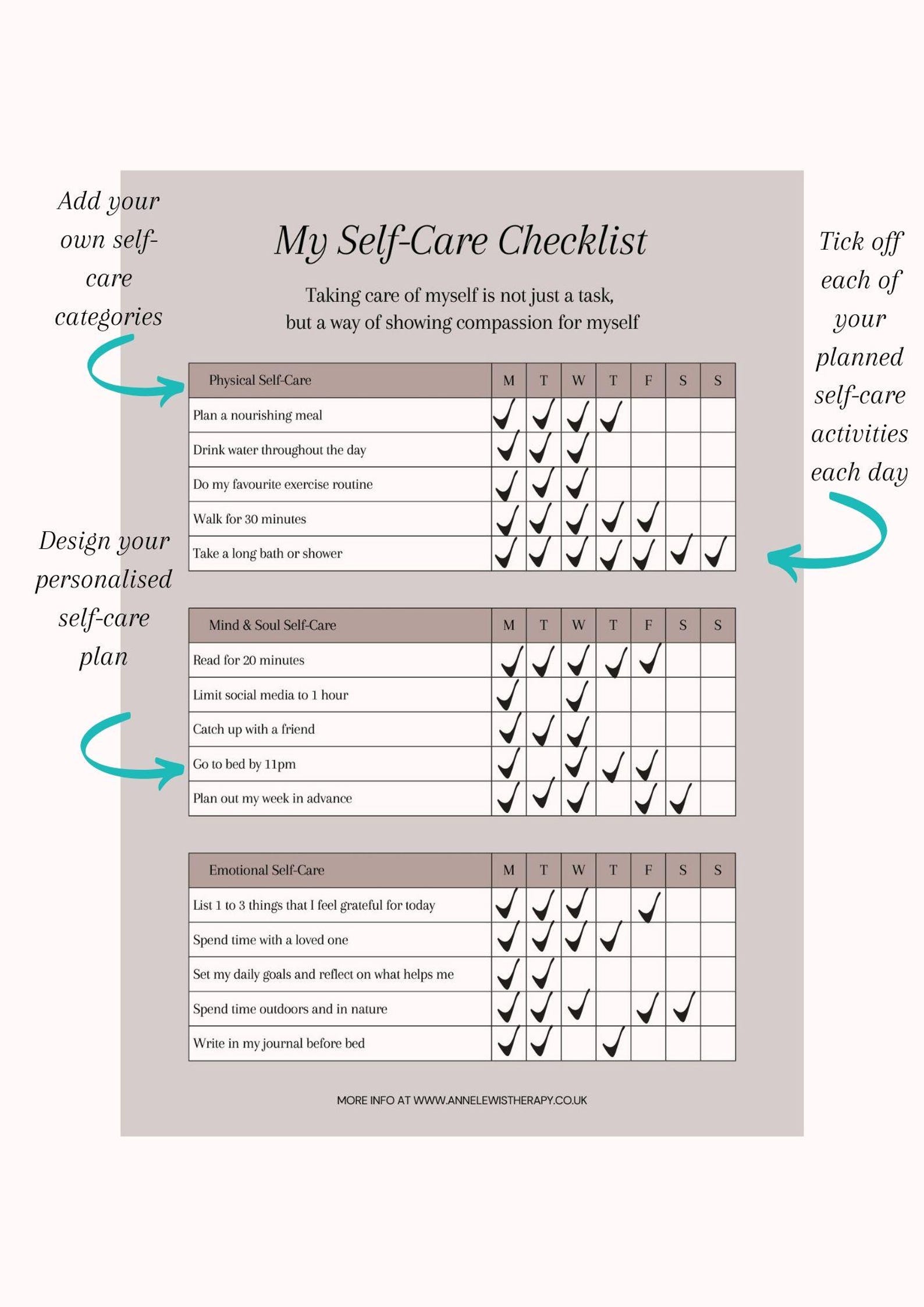 Self-care Checklist Planner | Printable Daily Well-being Tracker in ...