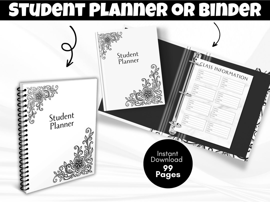 Printable Black & White Student Planner or Binder and Calendar - Etsy