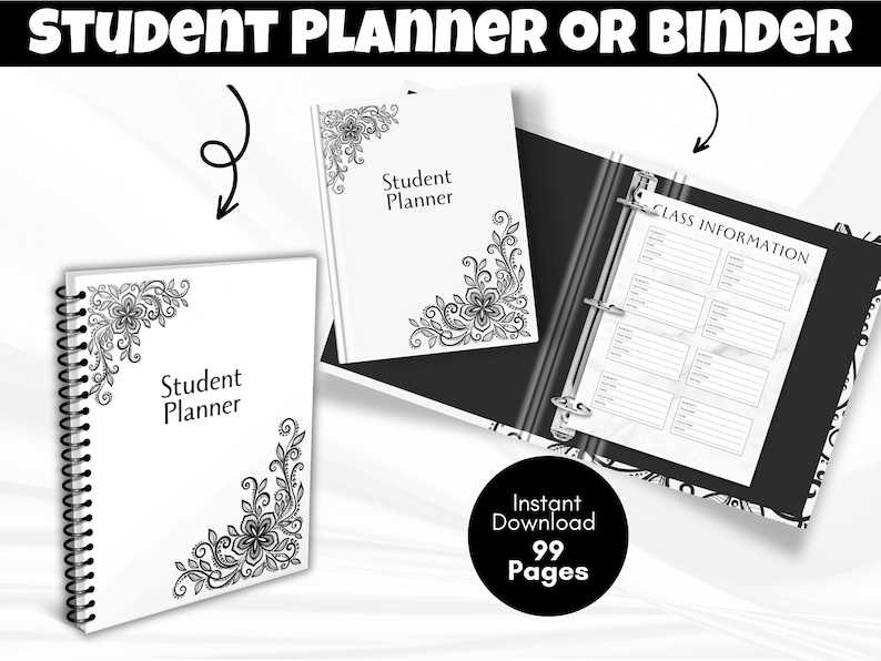Printable Black & White Student Planner or Binder and Calendar - Etsy