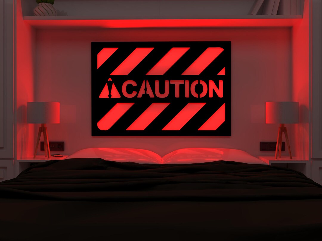 Caution Metal Wall Art With LED Option, Industrial Style Wall Decor ...