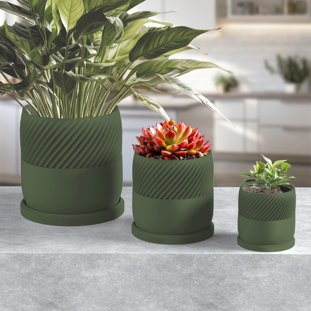 Olive Green Planter With Drainage Tray – Modern Minimalist Indoor Pot ...