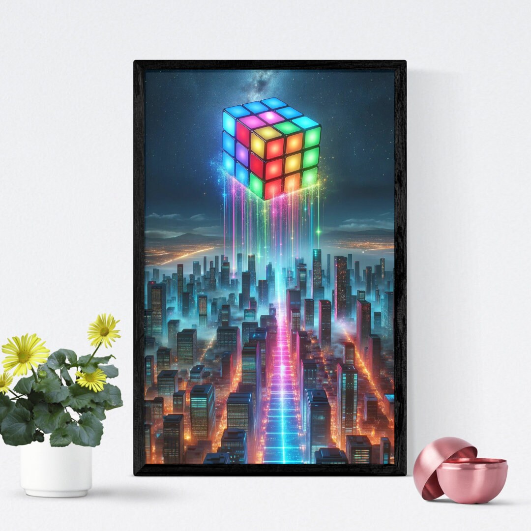 Interstellar Enigma Neon Rubik's Cube Over Metropolis Digital Download ...