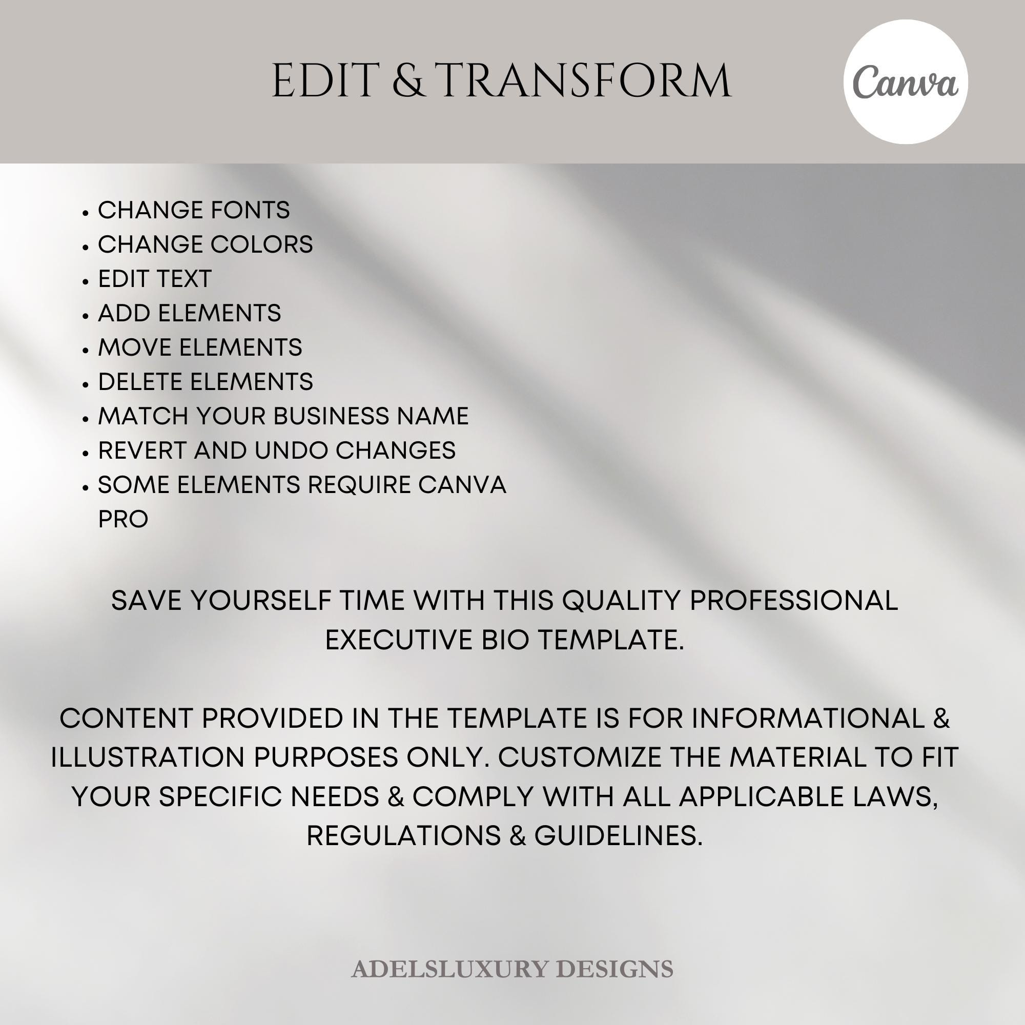 Executive Bio Template, Modern Professional Resume (canva Editable) - Etsy