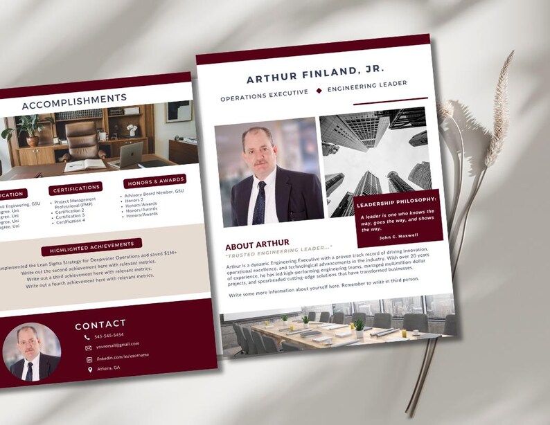 Executive Bio Template, Modern Professional Resume (canva Editable) - Etsy