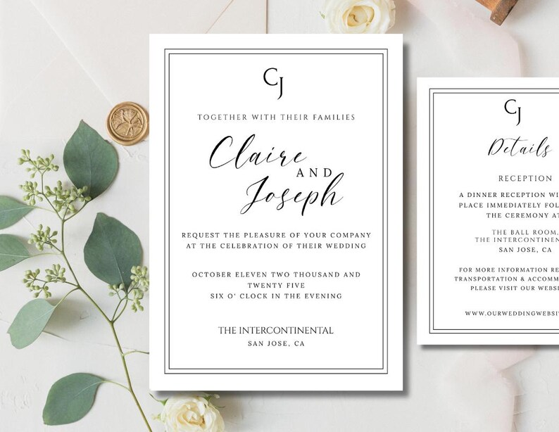 Traditional Wedding Invitation Template Set, Simple Calligraphy, RSVP Card, Templett INSTANT ...