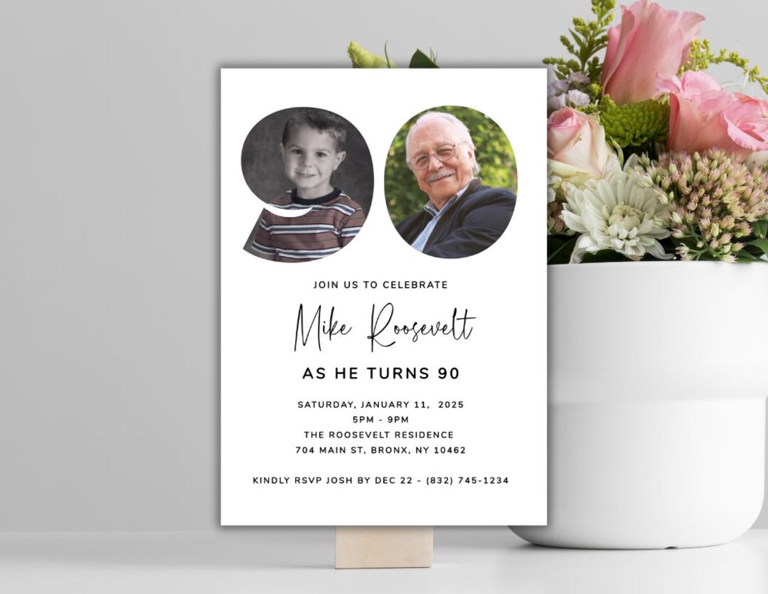 90th Birthday Invitation With Photo, Male 90th Invite, Minimalist ...