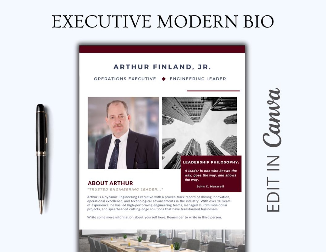 Executive Bio Template, Modern Professional Resume (canva Editable) - Etsy
