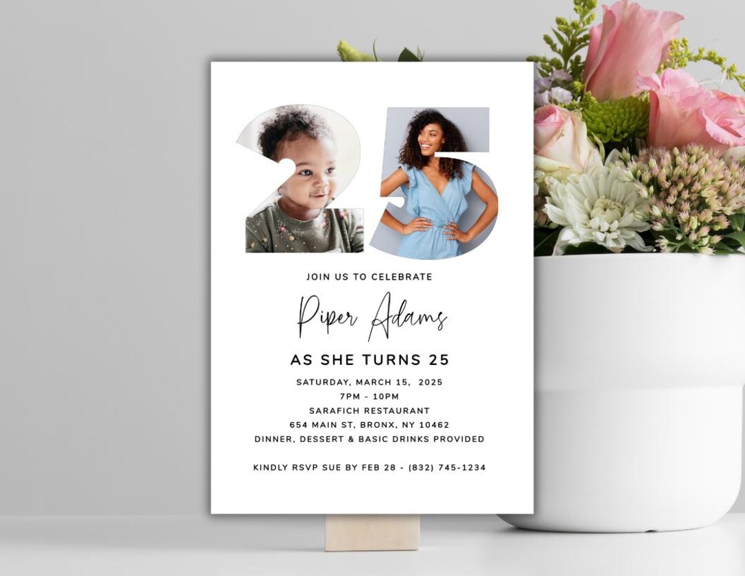 25th Birthday Invitation With Photo, Simple Invite (templett INSTANT ...