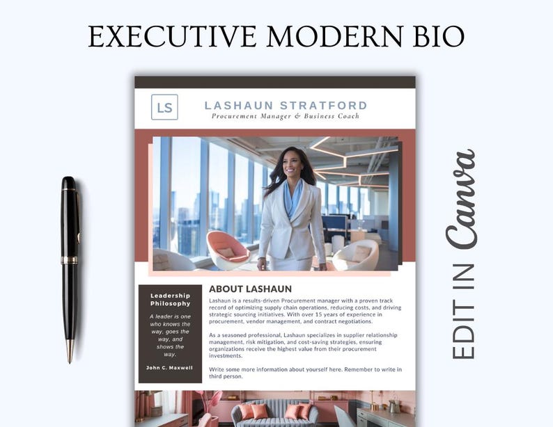 Executive Biography, Modern Bio, Canva Editable Template, Business ...