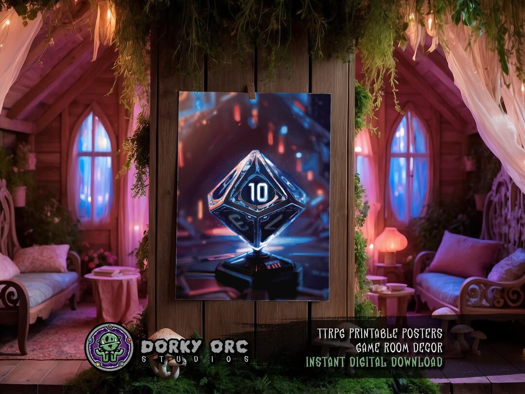 10 Sided Dice, Cyberpunk Themed Digital Wall Art, TTRPG Game Room Wall ...