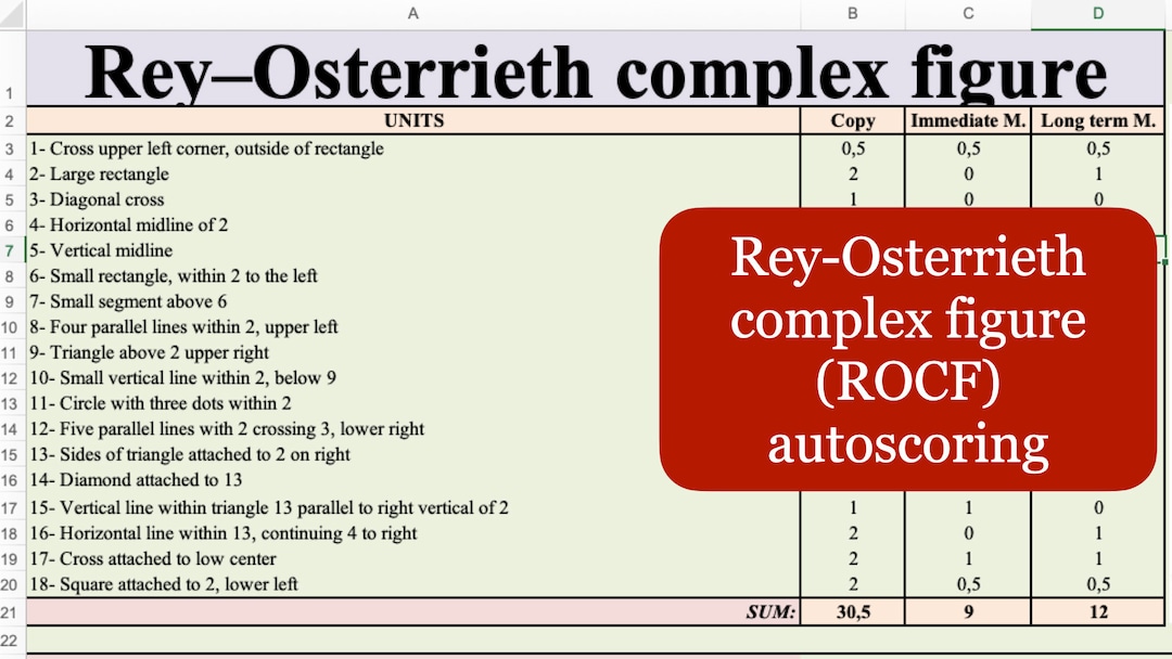 Rey–osterrieth Complex Figure Test (ROCF) Autoscoring Template in Excel ...