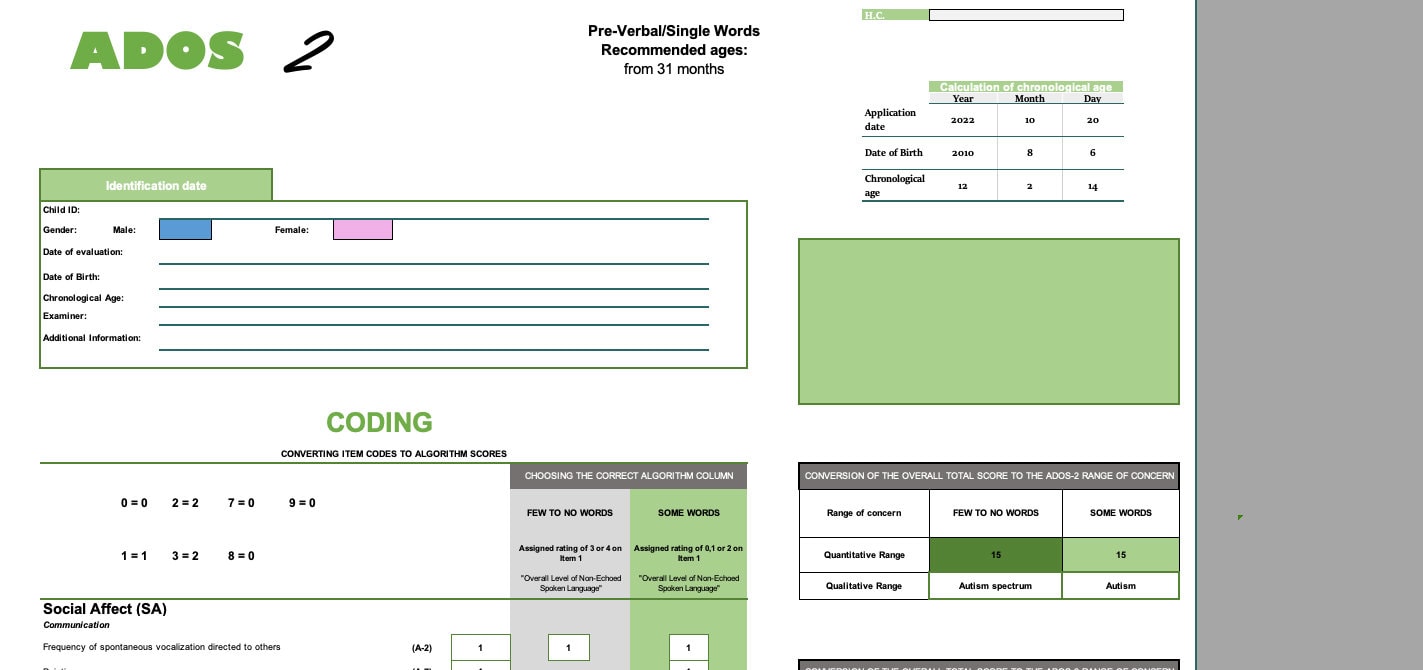 ADOS-2 (autism Diagnostic Observation Schedule -2) Autoscoring Template ...