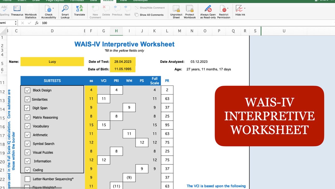 WAIS-IV wechsler Adult Intelligence Scale IV Interpretive Worksheet ...