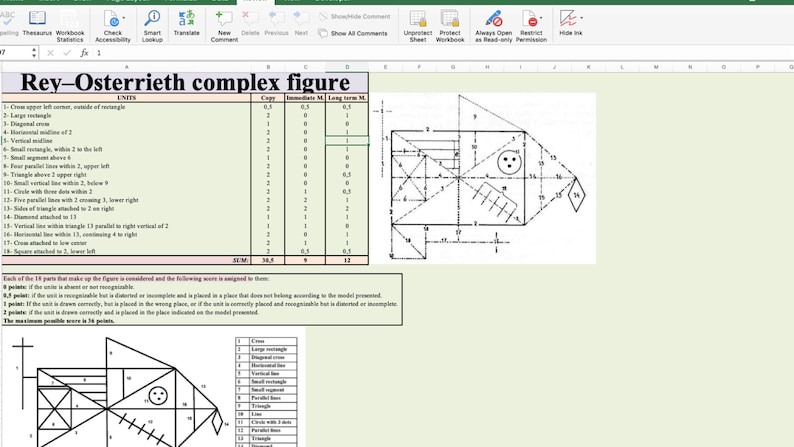 Rey–osterrieth Complex Figure Test (ROCF) Autoscoring Template in Excel ...