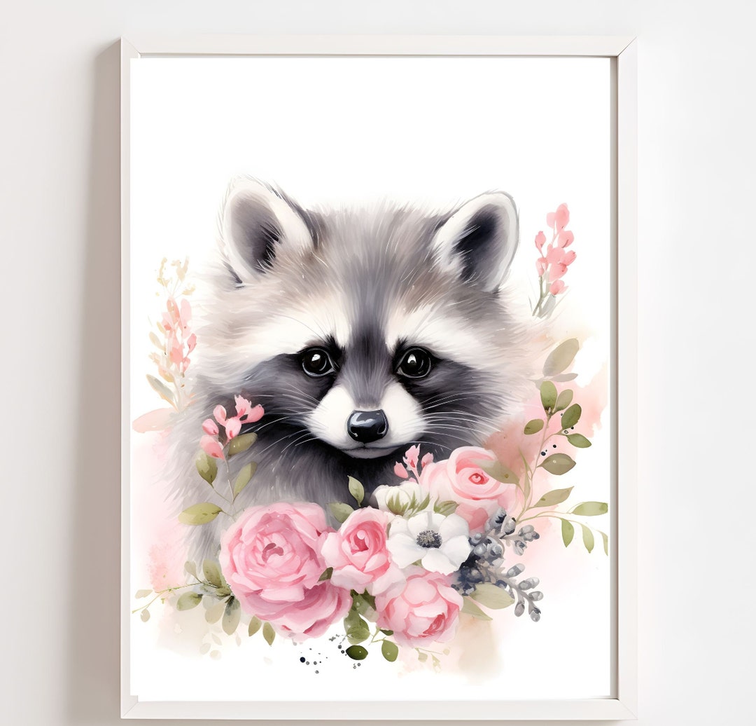 Raccoon Flower, Watercolor, Raccoon Art, Raccoon Art Print, Baby ...