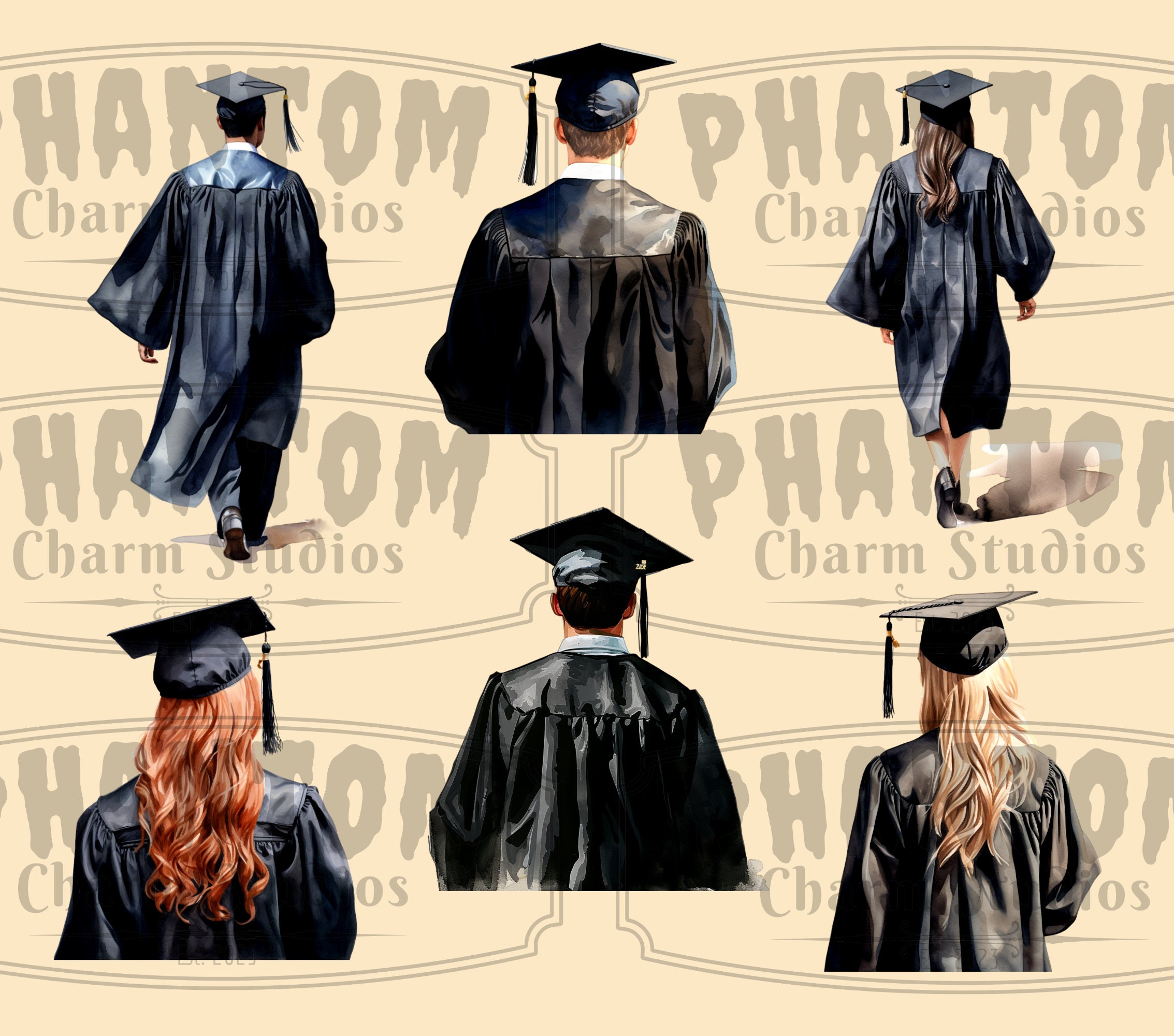 Watercolor Graduation Clipart Bundle I Black Maroon, Grad, Diploma, Cap ...