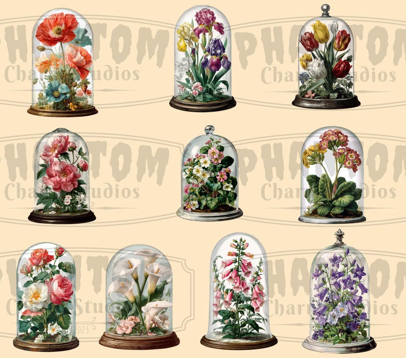 Antique Flower Bell Jars Clipart: Botanical Dome Floral Illustrations ...