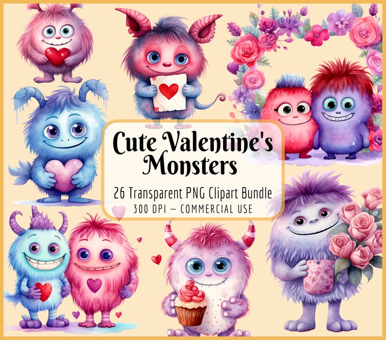 Cute Valentine's Monsters Clipart Bundle Watercolor, Cartoon Monsters ...