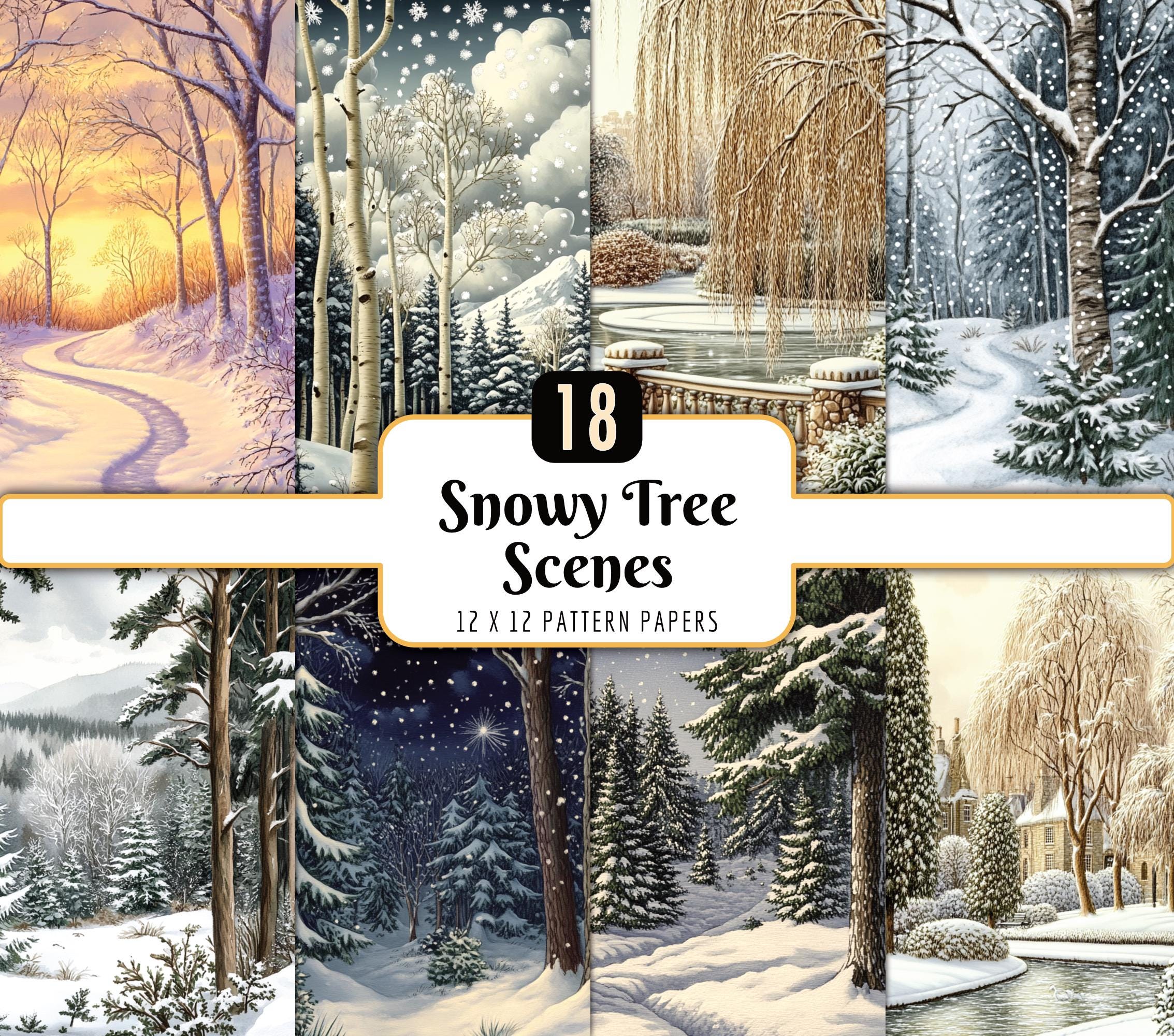 Snowy Tree Scenes Digital Paper Pack | Winter, Landscapes, Snowing ...