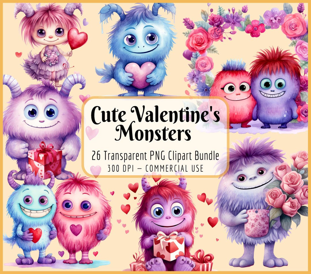 Cute Valentines Monsters Clipart Bundle | Watercolor, Cartoon Monsters ...