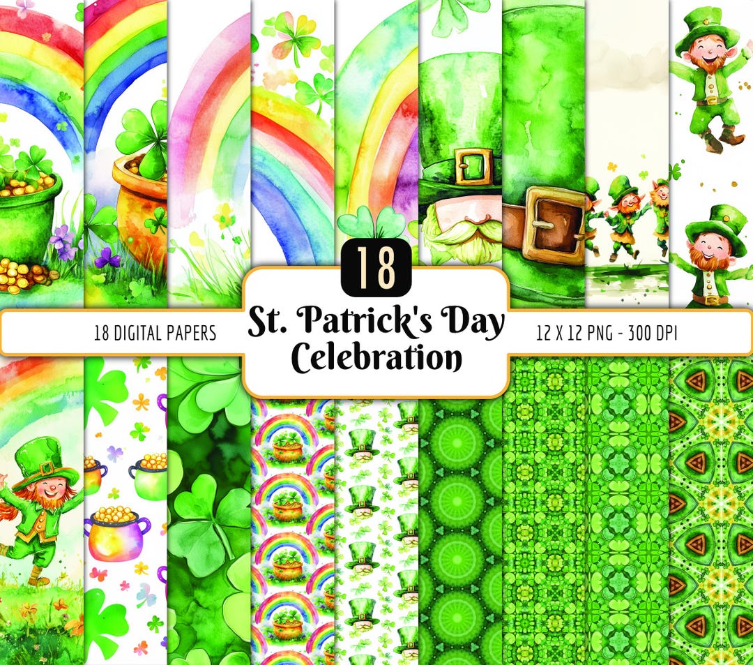 St. Patrick's Day Celebration Digital Paper Pack | Watercolor, Rainbows ...