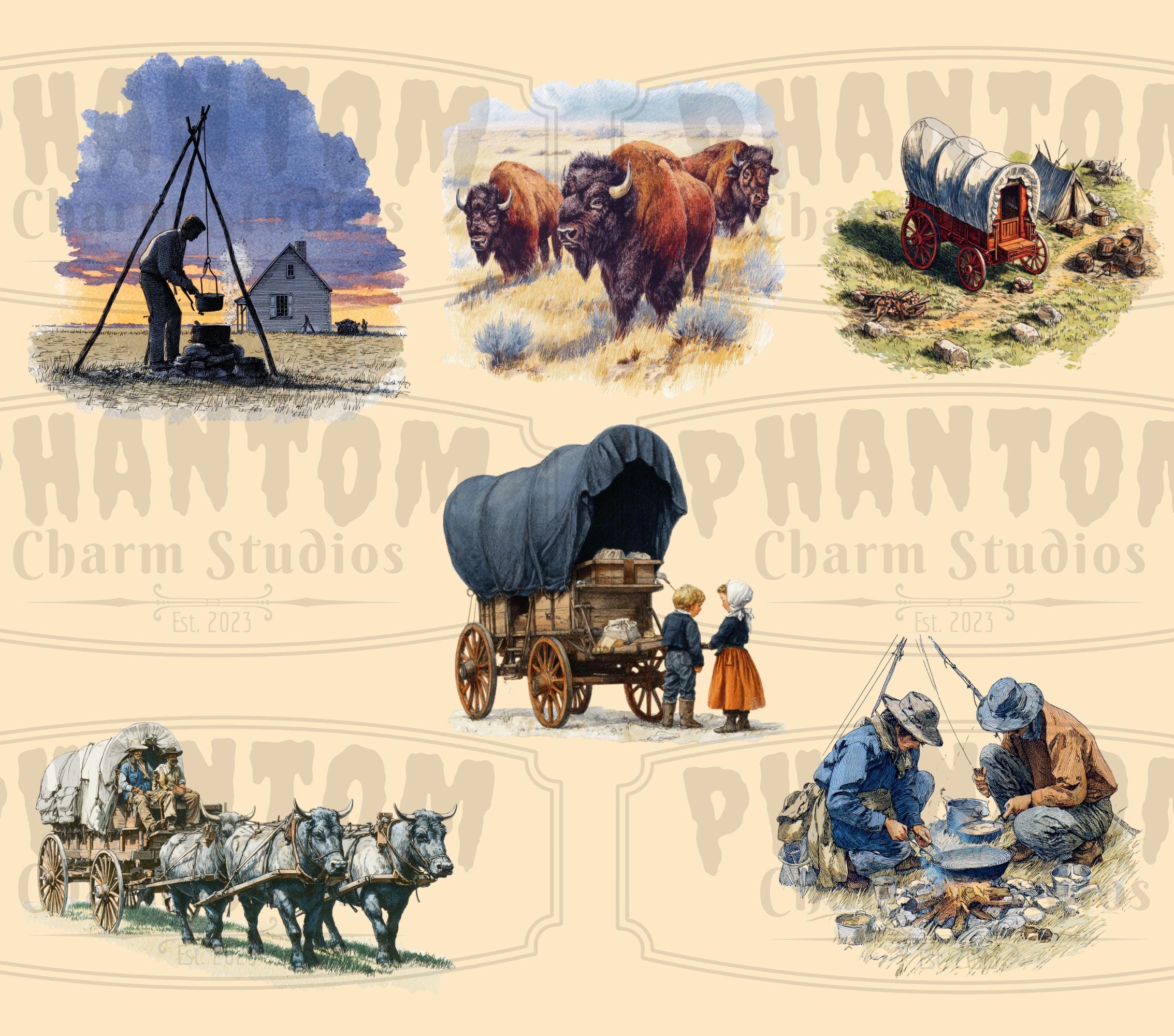 Oregon Trail Clipart Bundle: Vintage American West Graphics, Pioneer ...