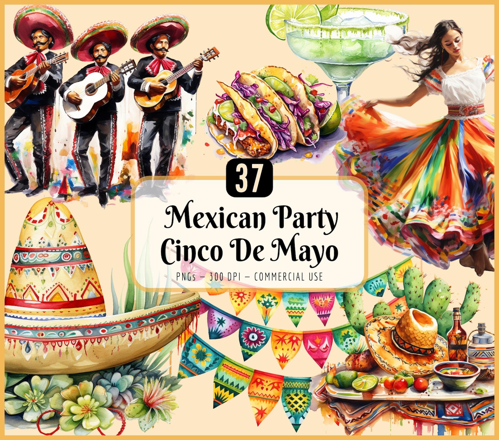 Mexican Cinco De Mayo Clipart Bundle | Colorful Watercolor, Fiesta ...