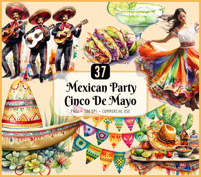 Mexican Cinco De Mayo Clipart Bundle | Colorful Watercolor, Fiesta ...