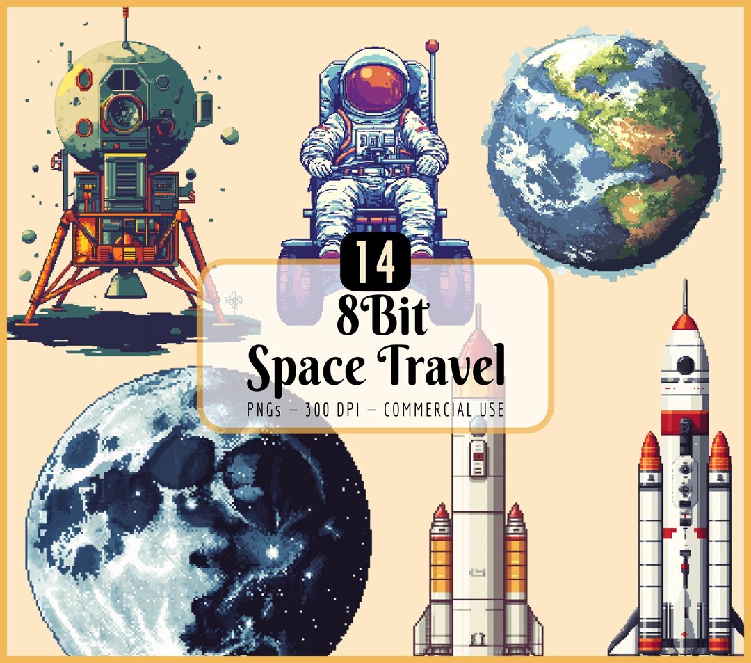 8-bit Space Travel Clipart: Retro Astronaut, Rockets, Planets (PNG ...
