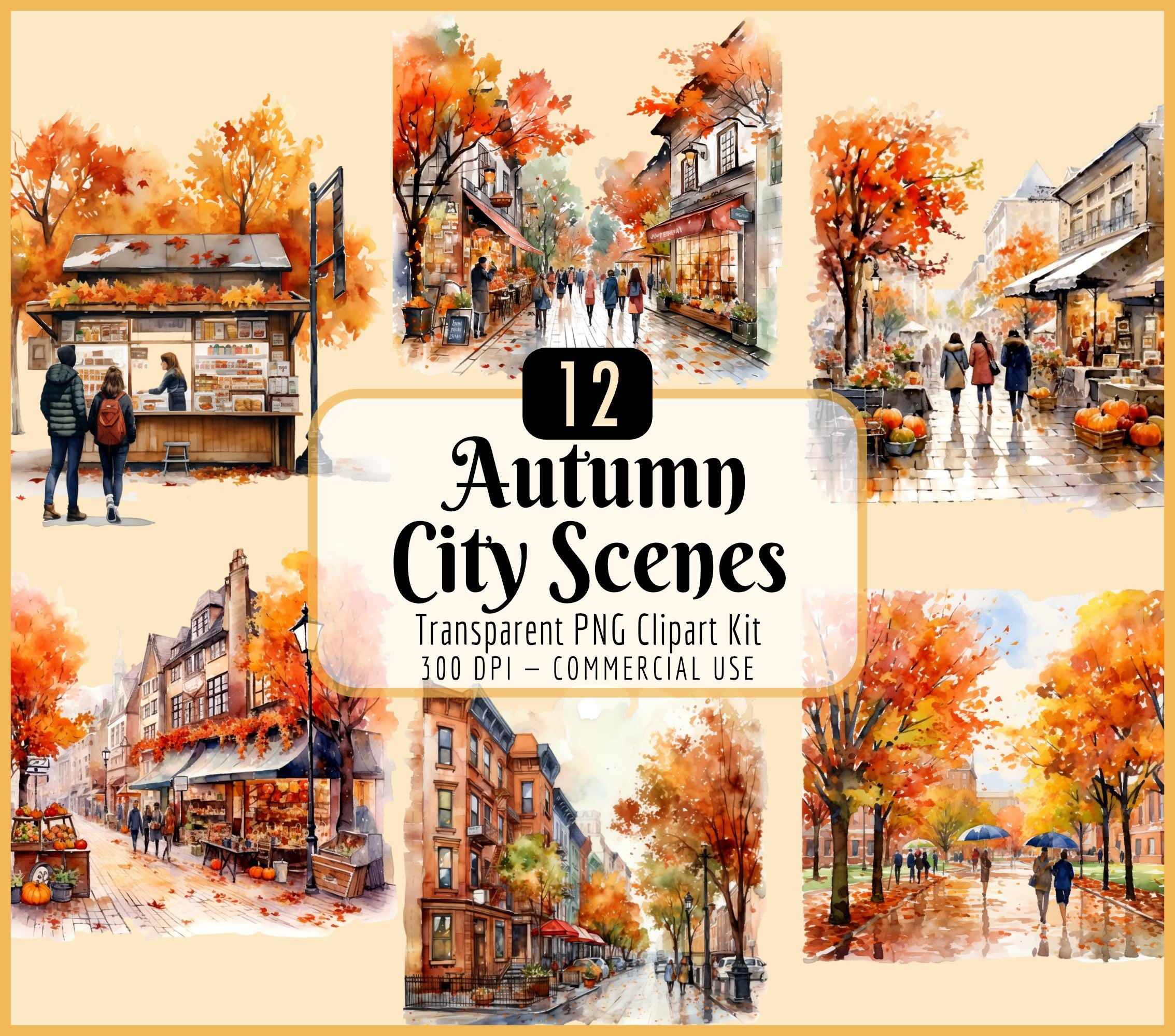 Autumn City Scenes Clipart Bundle I Watercolor, Landscapes, Fall ...